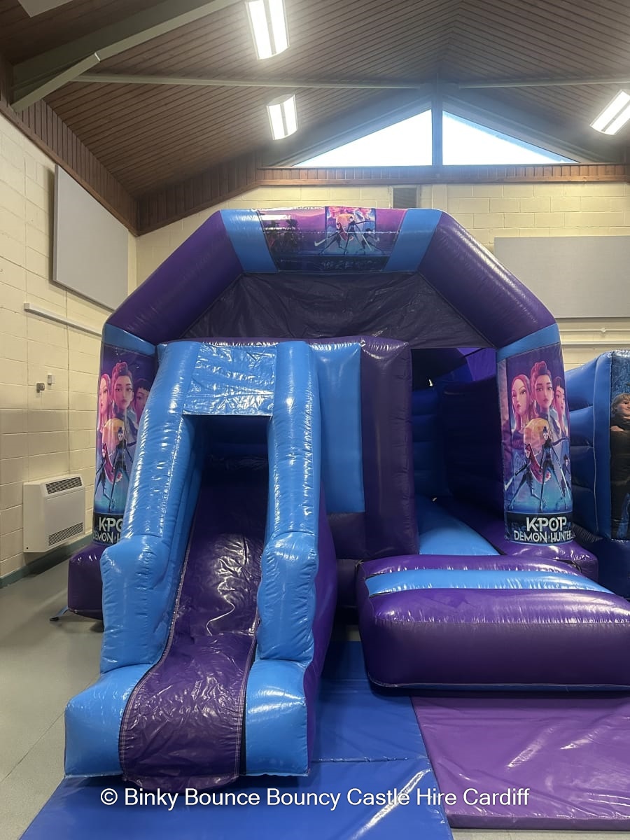 K-Pop Demon Hunters Blue/Purple Front Slide Castle - Bouncy Castle Hire ...