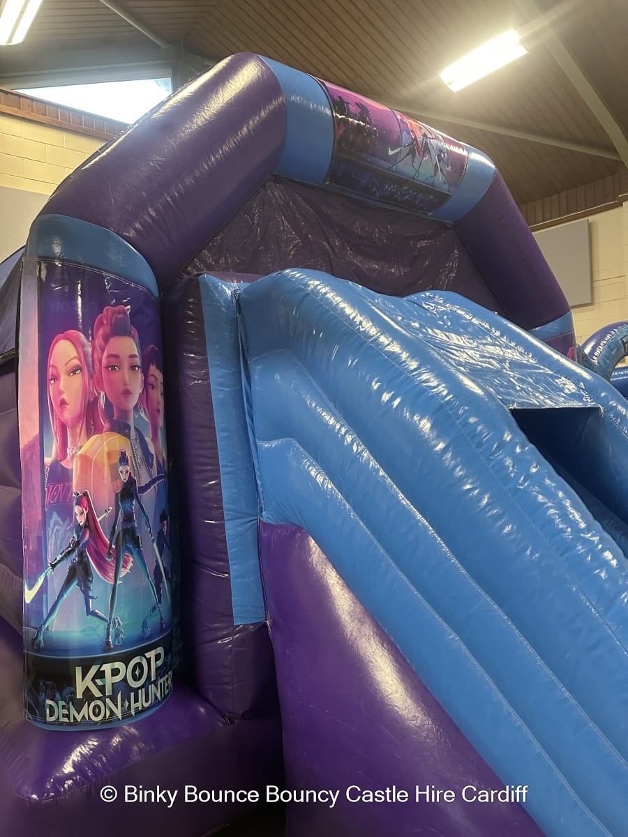 K-Pop Demon Hunters Blue/Purple Front Slide Castle - Bouncy Castle Hire ...